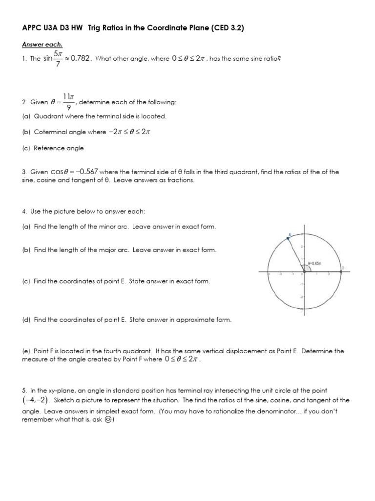 D3 HW Trig Ratios in The Coordinate Plane (CED 3.2) | PDF