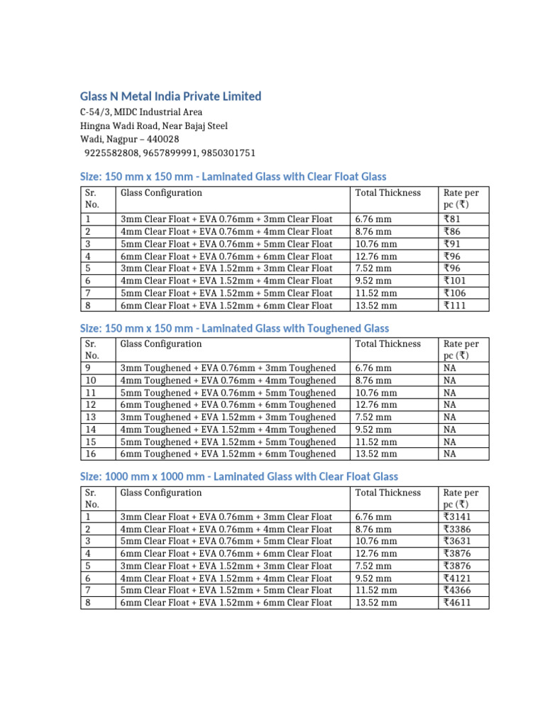 Laminated Glass Price List | PDF | Glassforming Liquids And Melts | Crafts
