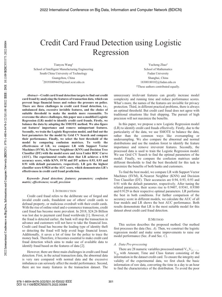 Credit Card Fraud Detection Using Logistic Regression | PDF