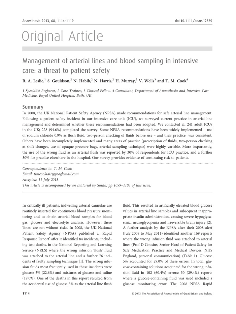 OK - Management of Arterial Lines and Blood Sampling in Intensive Care ...