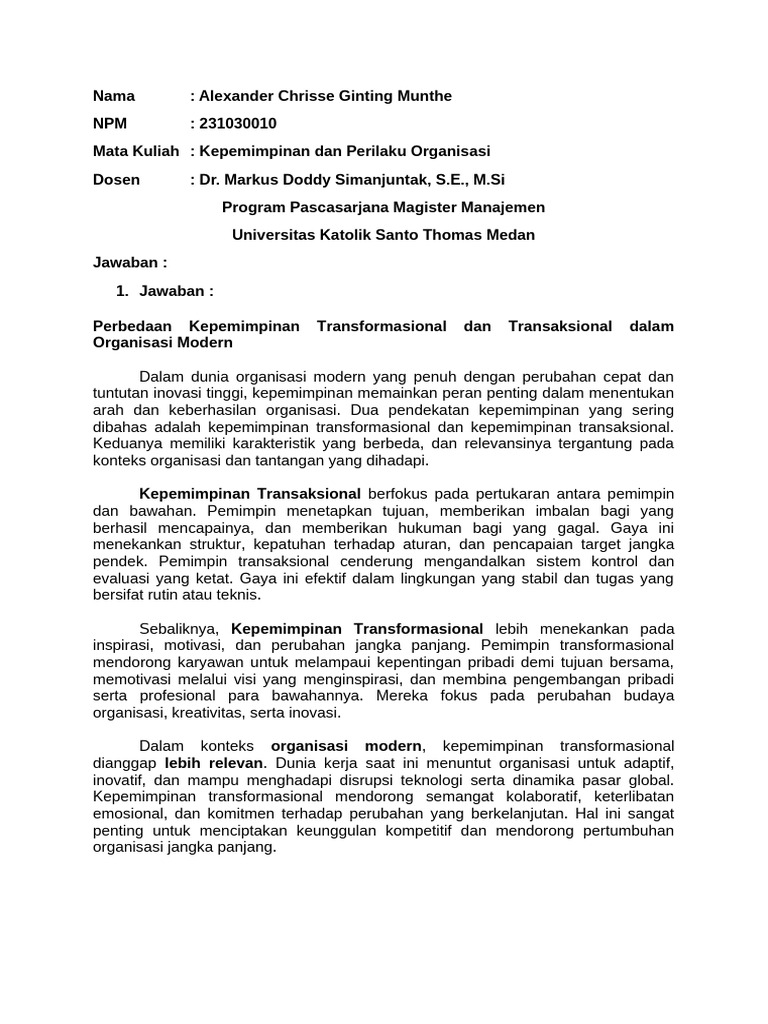 Perbandingan Kepemimpinan Transformasional dan Transaksional | PDF