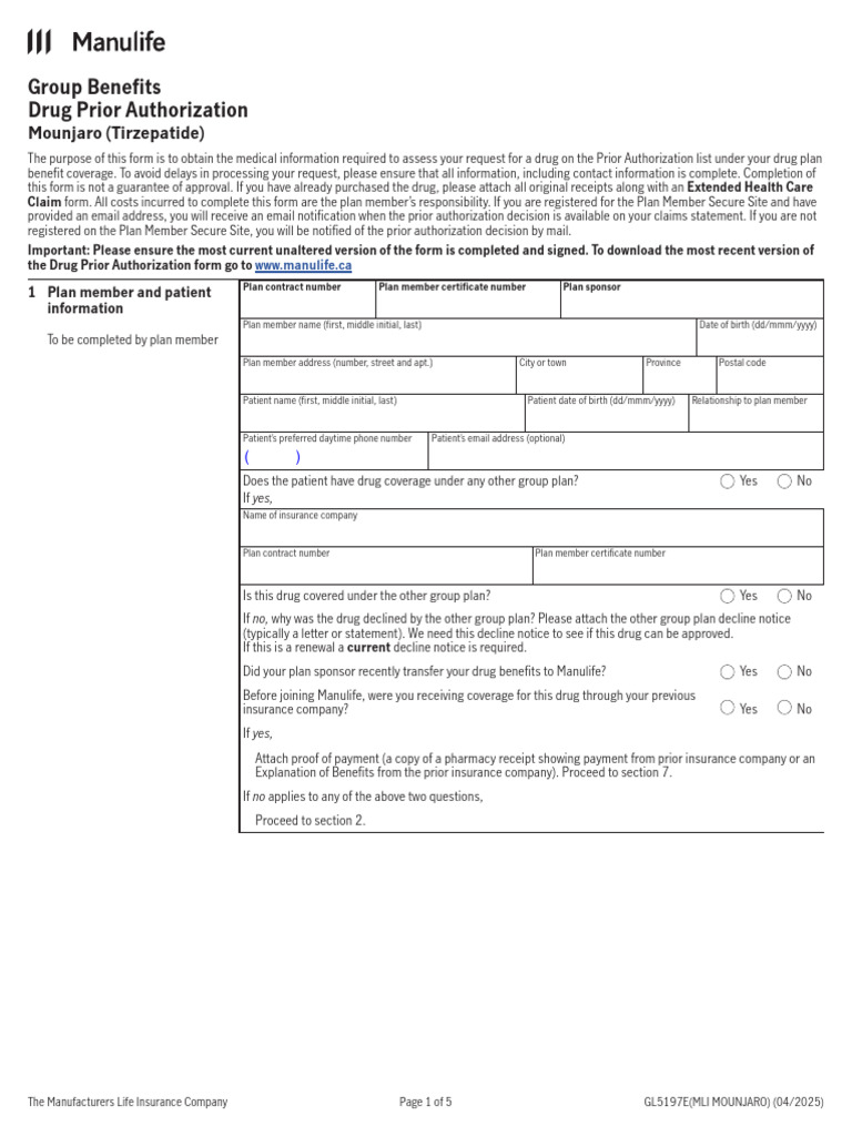 Mounjaro Drug Prior Authorization Form L5197e | PDF | Pharmacy | Patient