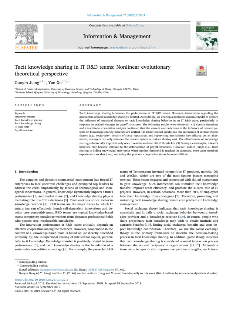 Tacit Knowledge Sharing in IT R&D Teams Nonlinear Evolutionary Theoretical Perspective | PDF ...