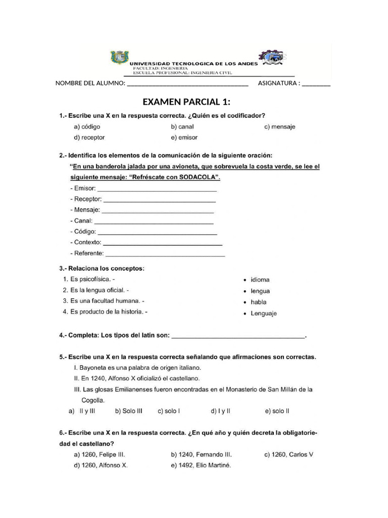 Primer Examen Parcial de Lenguaje y Comunicacion | PDF