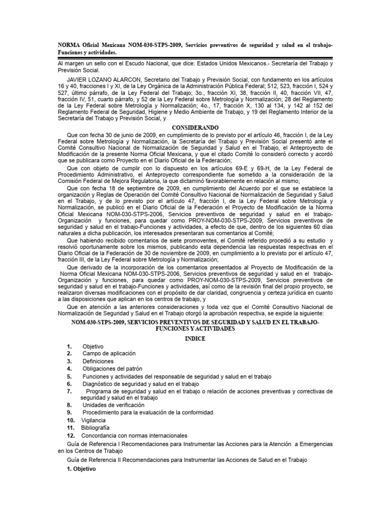 NORMA Oficial Mexicana NOM-030-STPS-2009, Servicios Preventivos de Seguridad y Salud en El ...
