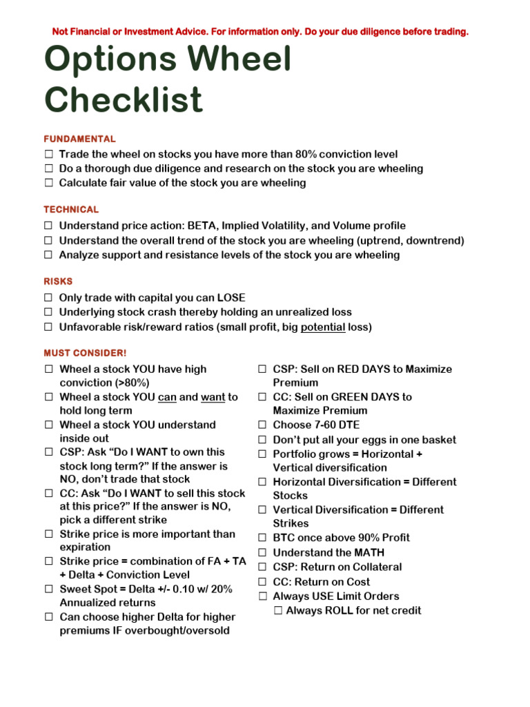 Options Wheel Checklist | PDF | Diversification (Finance) | Option ...