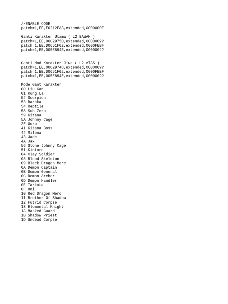 Mortal Kombat Character Patch Codes | PDF