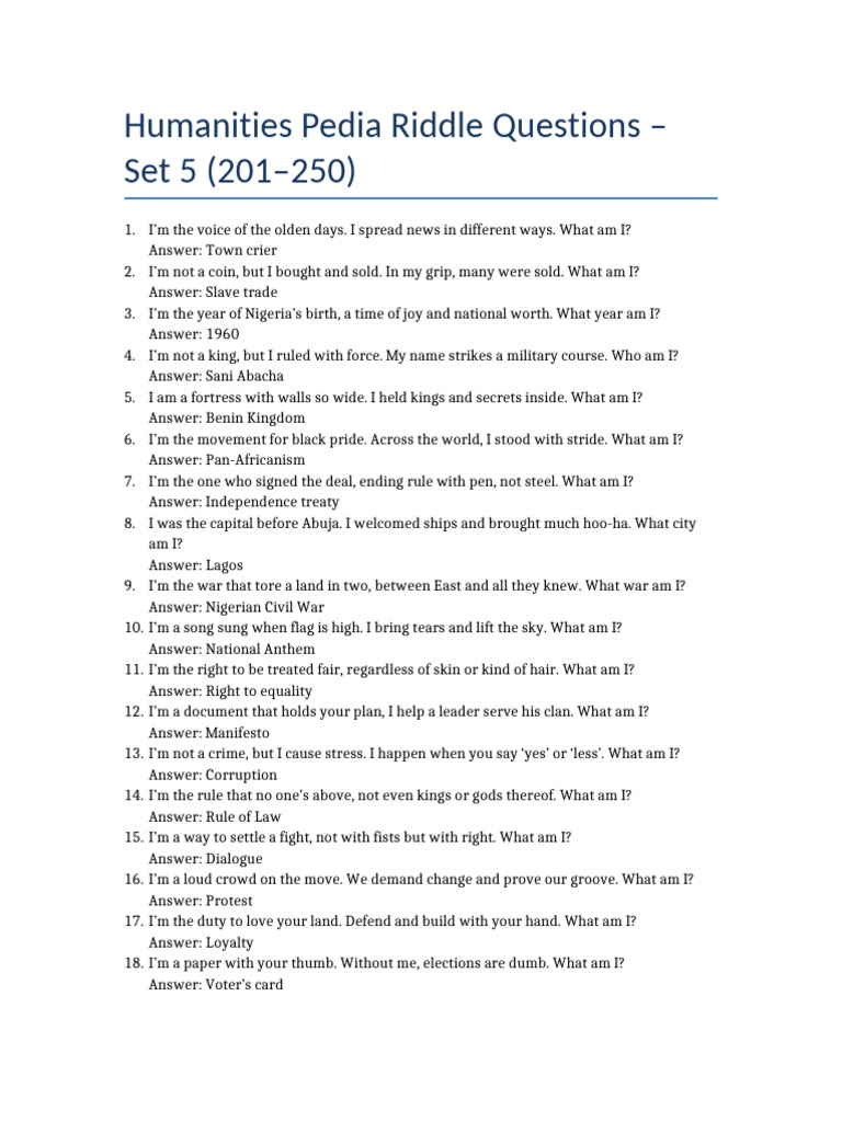 Riddle Questions on Humanities Themes | PDF