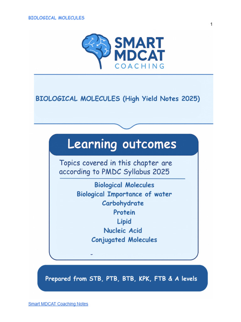 Biological Molecules Notes-Smart Mdcat Coaching 2025 | PDF | Rna | Dna