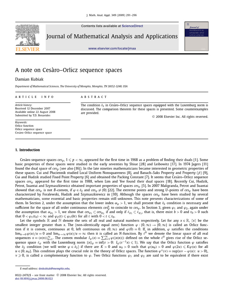A Note On Cesàro-Orlicz Sequence Spaces | PDF | Sequence | Mathematical Analysis
