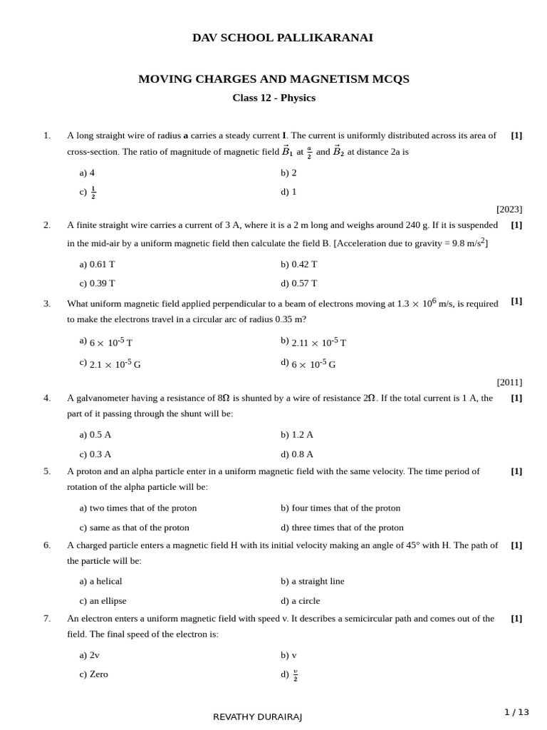 Moving Charges and Magnetism MCQs Practice | PDF | Magnetic Field ...