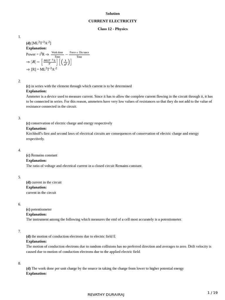 Current Electricity Solutions | PDF | Electrical Resistivity And ...