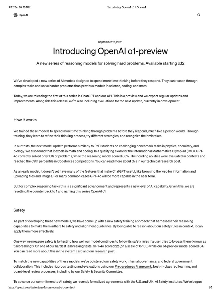 Introducing OpenAI O1 - OpenAI | PDF | Artificial Intelligence | Intelligence (AI) & Semantics