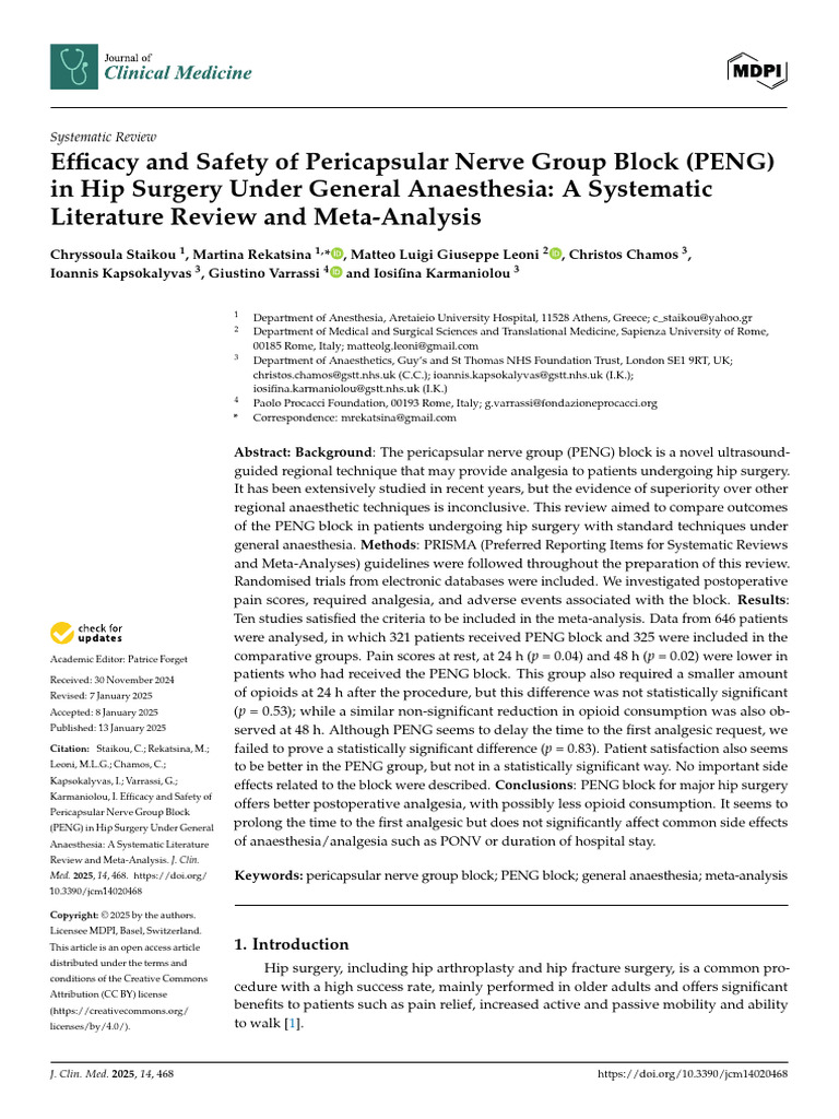 Efficacy of PENG Block in Hip Surgery | PDF | Systematic Review | Analgesic
