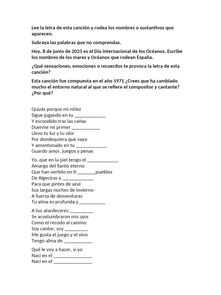 Lee La Letra de Esta Canción y Rodea Los Nombres o Sustantivos Que ...