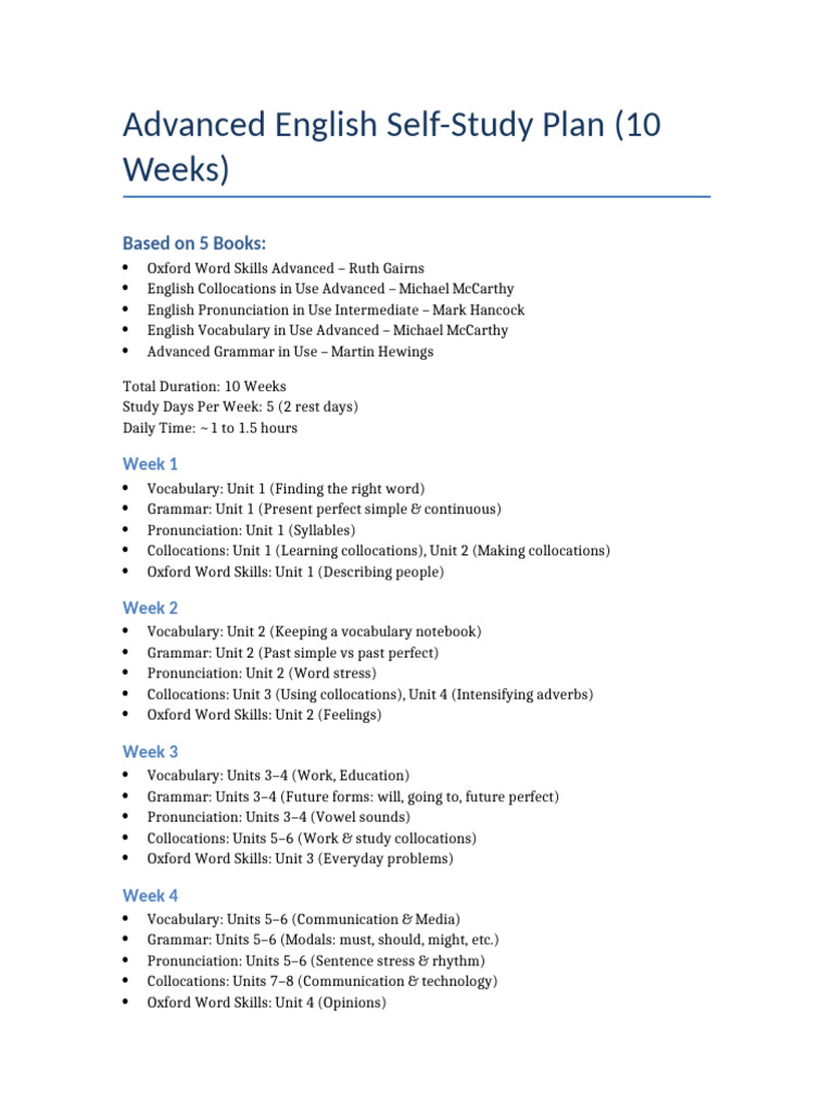Advanced English Study Plan 10 Weeks | PDF | English Language | Word