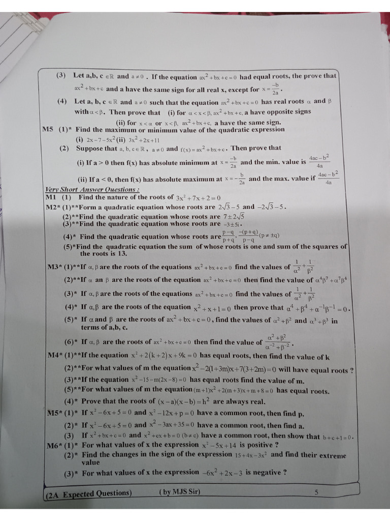 Theory of Equations Very Short Answer Questions | PDF