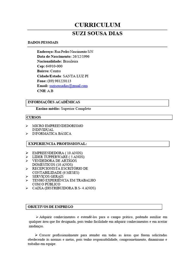 Curriculum Suzi Sousa Dias.. | PDF