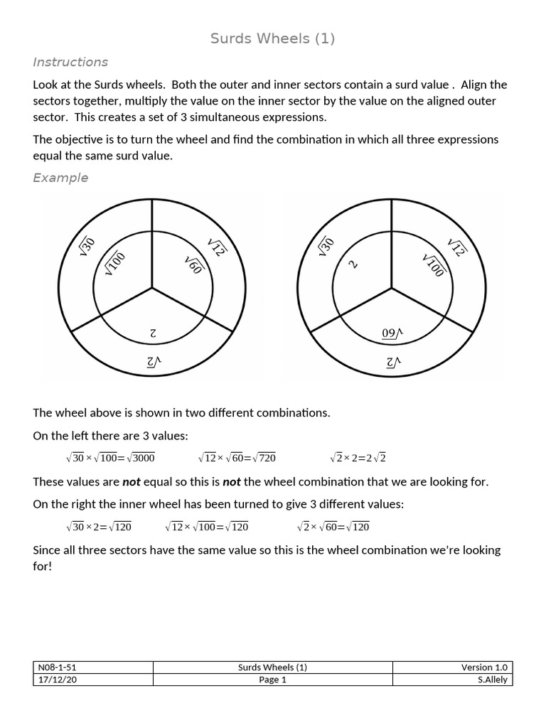 N08!1!51 Surds Wheels 1 Worksheet | PDF