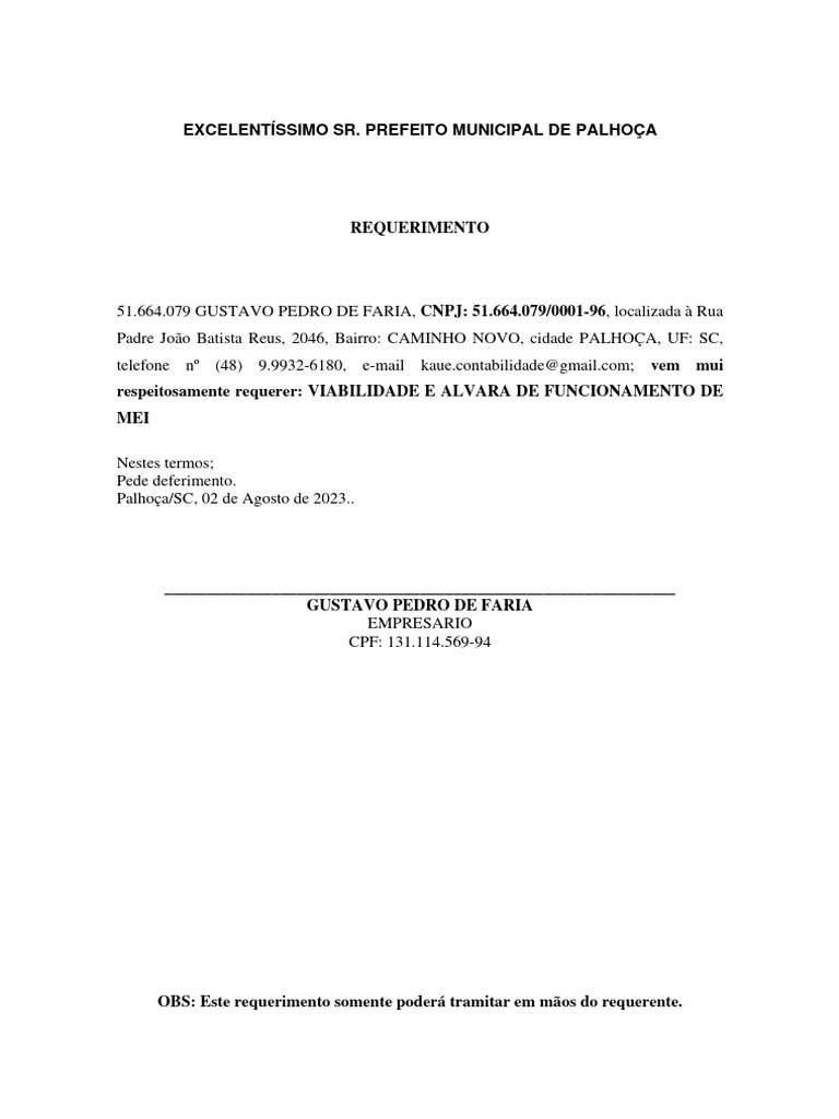 Requerimento de Alvará MEI Palhoça | PDF