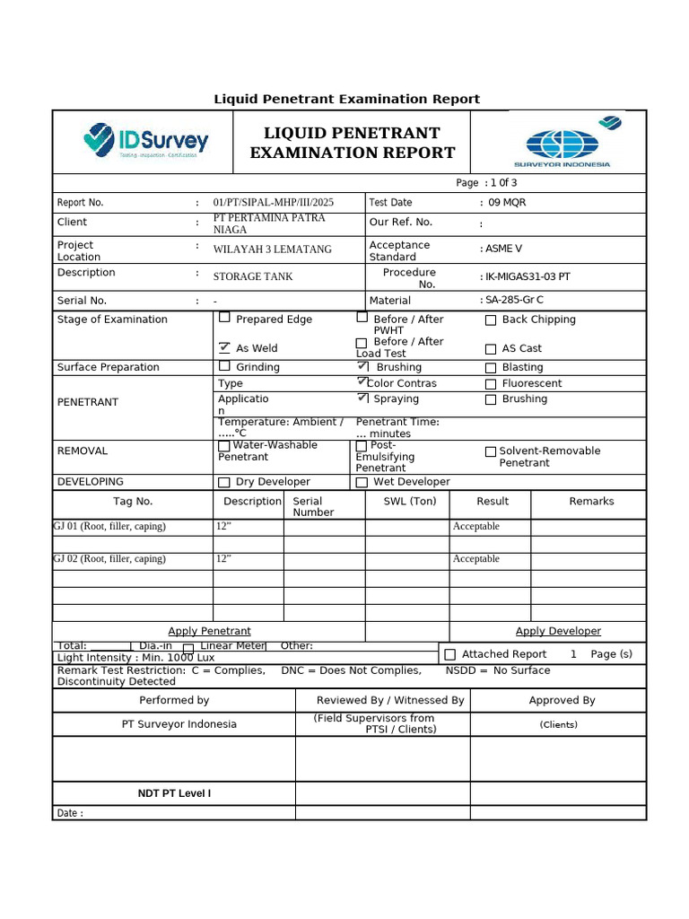 Liquid Penetrant Examination Report | PDF | Materials Science | Joining