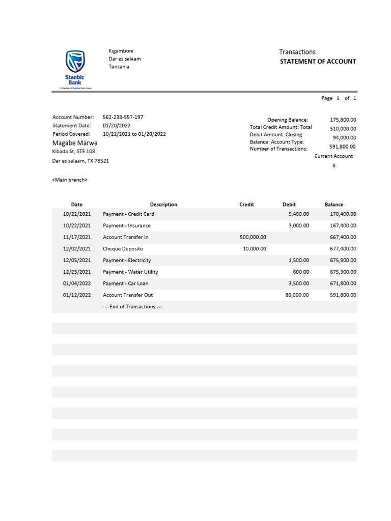 Stanbic Bank Statement Sample | PDF
