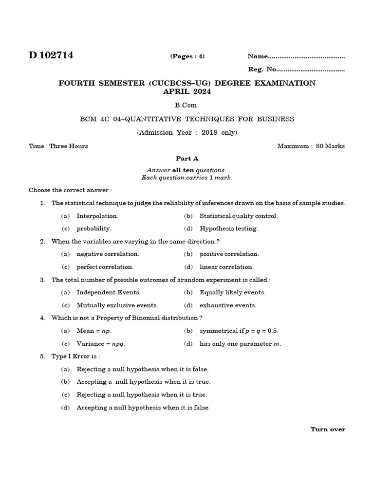 Quant 4sem Apr 2024 | PDF | Statistics | Probability Distribution
