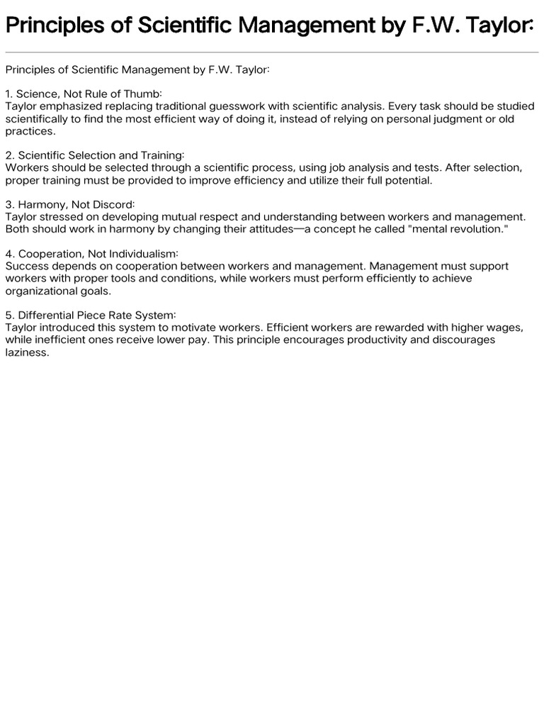 F.W. Taylor's Scientific Management Principles | PDF