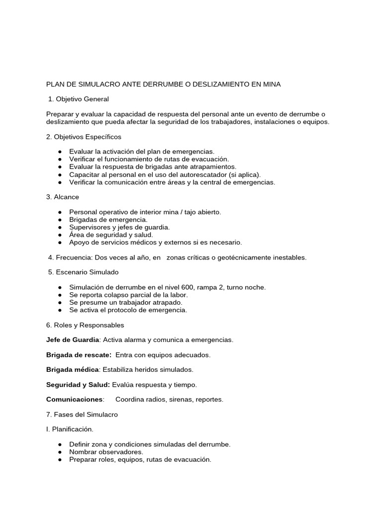 Plan de Simulacro Ante Derrumbe o Deslizamiento en Mina | PDF | Simulación