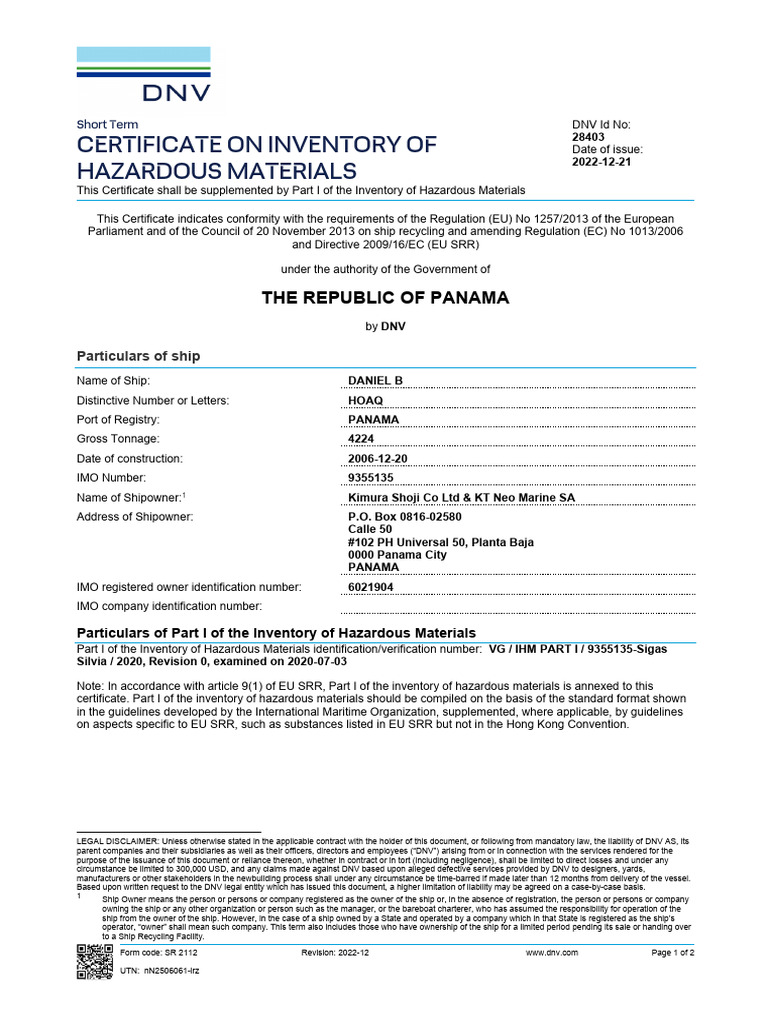 N2506061 - Short Term Certificate of Inventory of Hazardous Materials ...