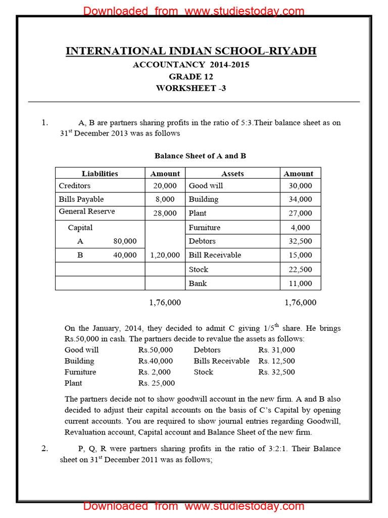 Accountancy Worksheets for Grade 12 | PDF | Balance Sheet | Expense
