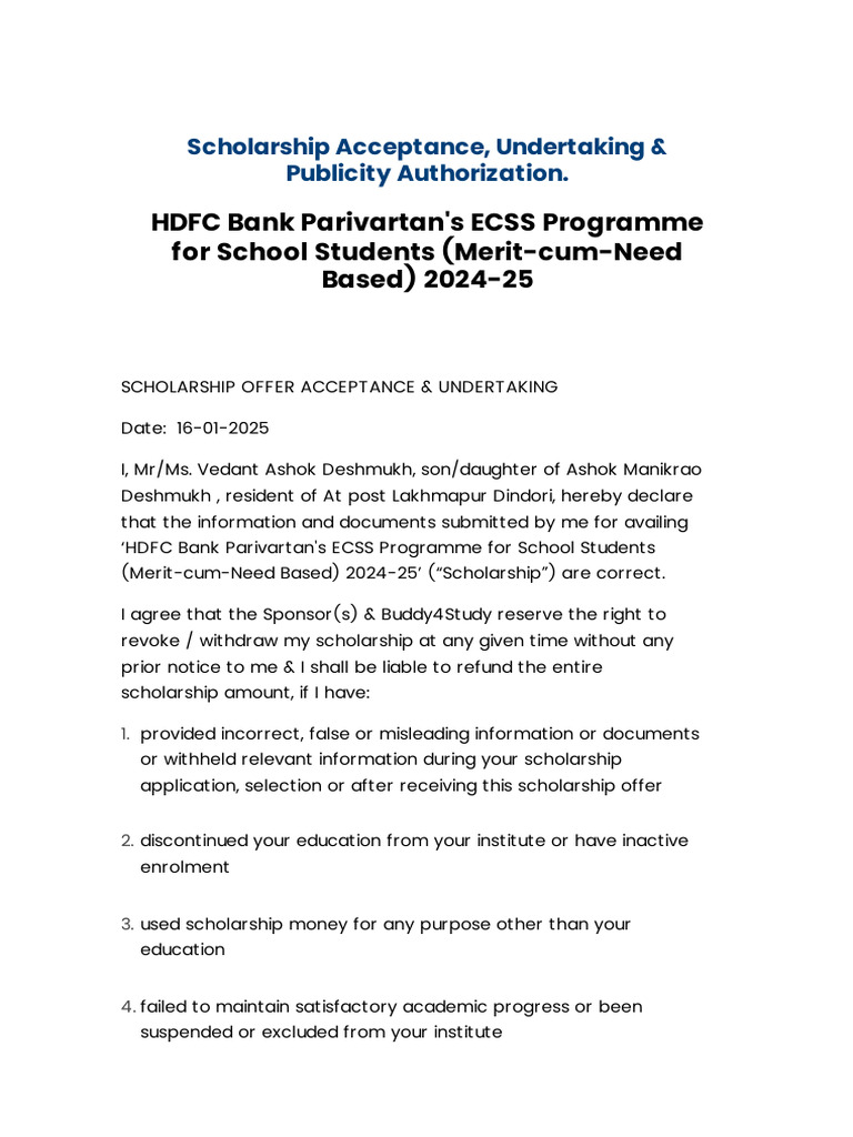 Scholarship Undertaking | PDF