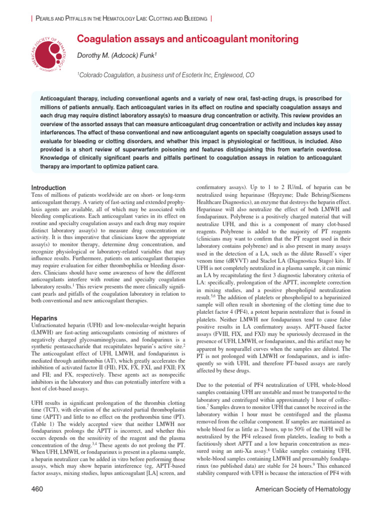 Coagulation Assays and Anticoagulant Monitoring | PDF | Coagulation | Clinical Medicine