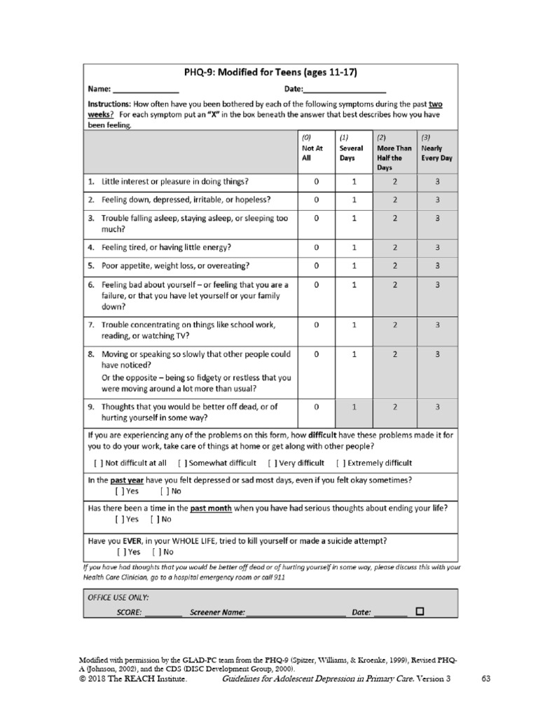 PHQ-9 for Adolescent Depression Scoring | PDF