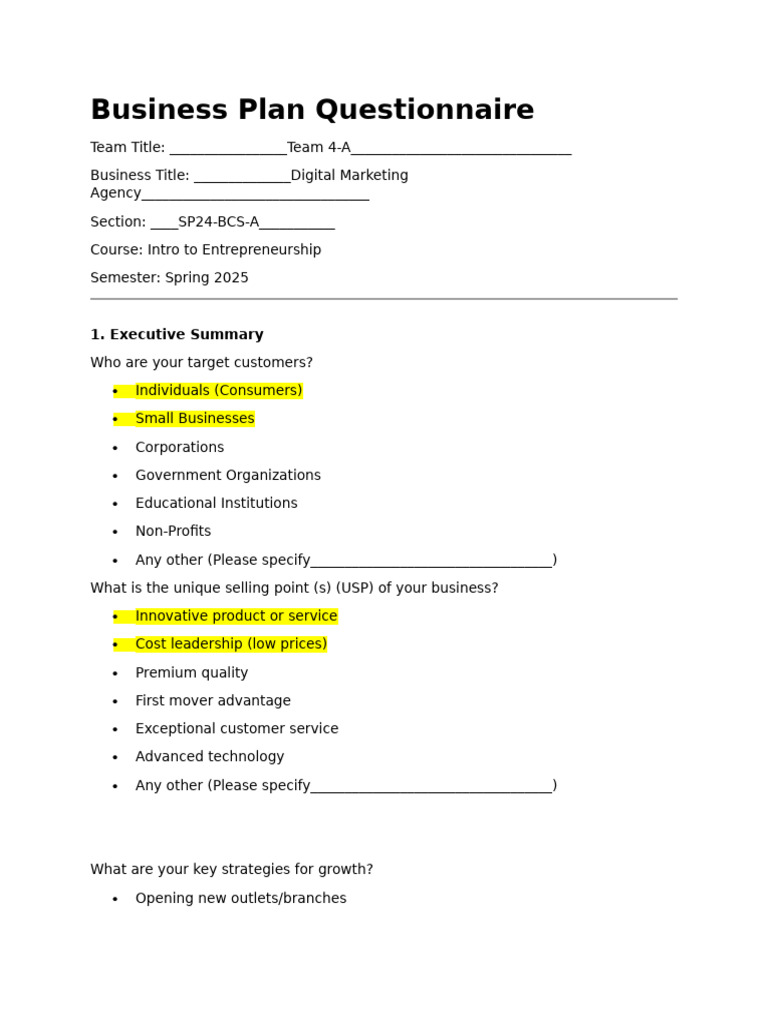 Business Plan Questionnaire Template | PDF | Expense | Equity (Finance)