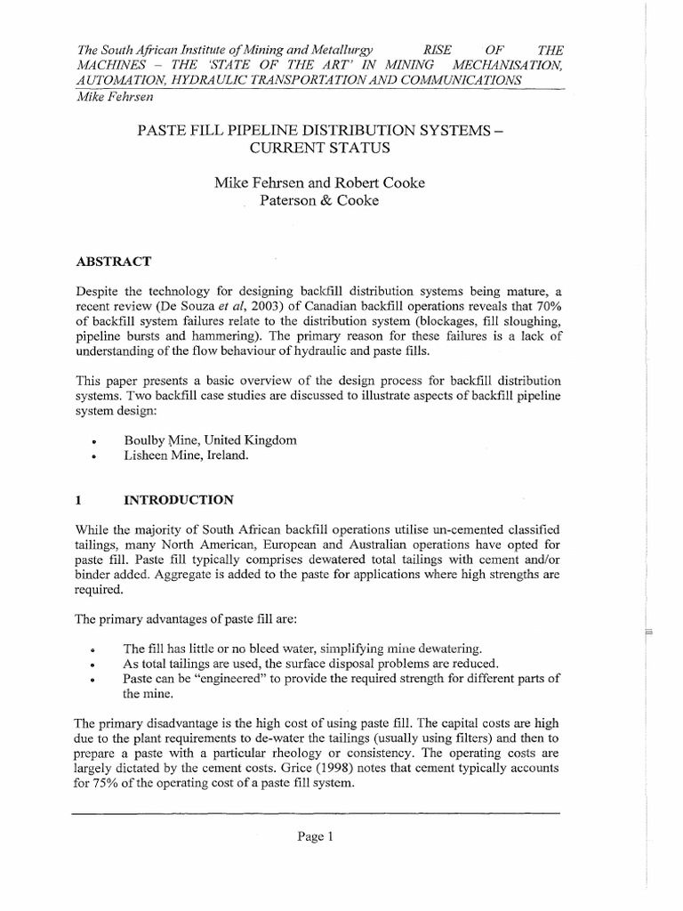 026-Fehrsen - Paste Pipeline Distribution System | PDF | Pump | Rheology