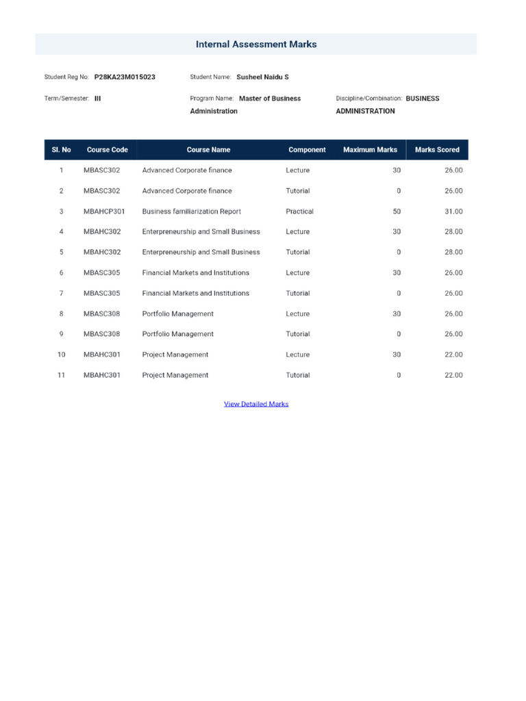 Student Internal Assessment Marks | PDF