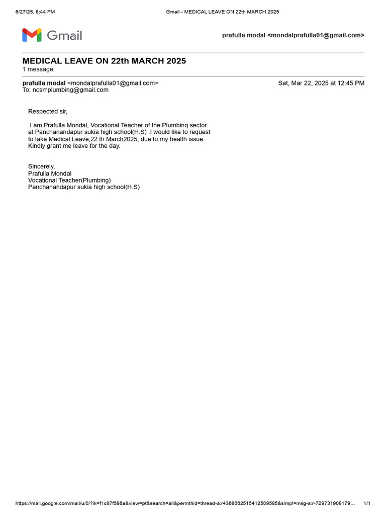 Medical Leave Request for March 22, 2025 | PDF