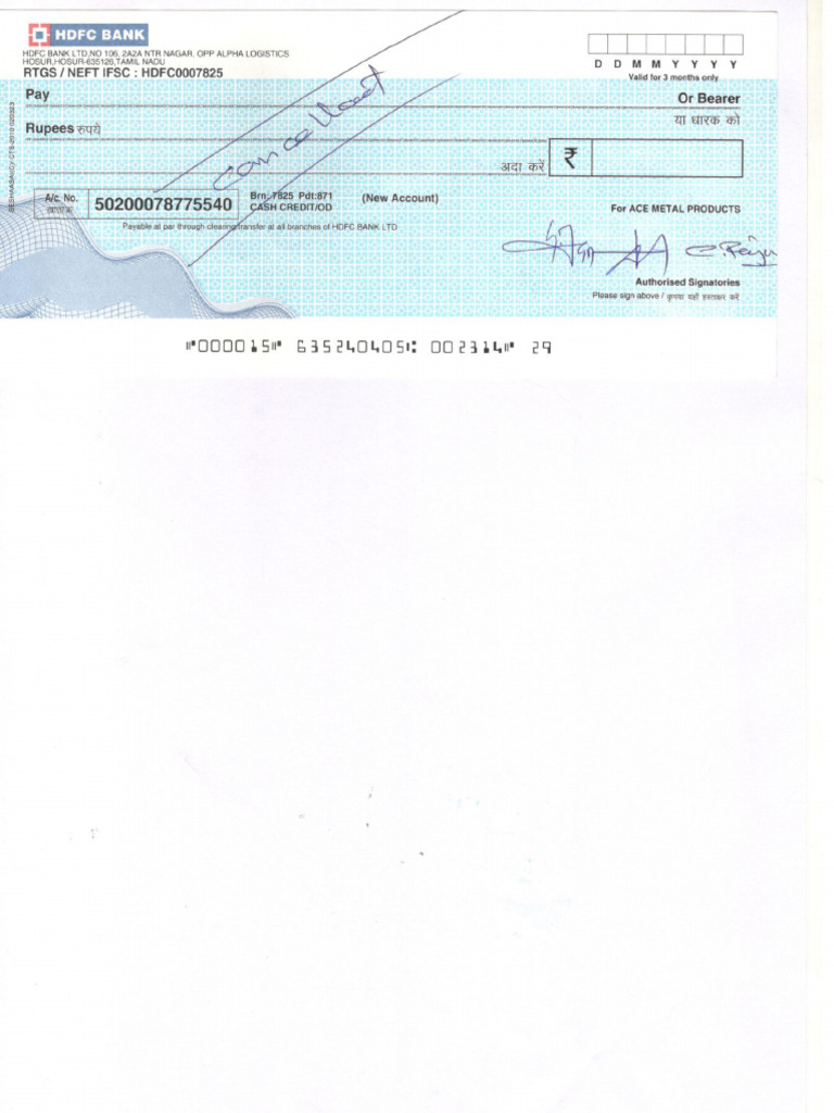HDFC CC or OD Account Cancel Cheque Leaf | PDF