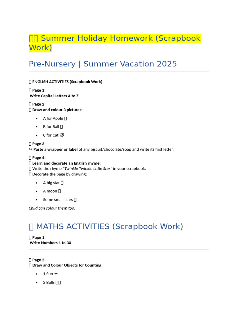 Holiday Homework Pre Nursery | PDF