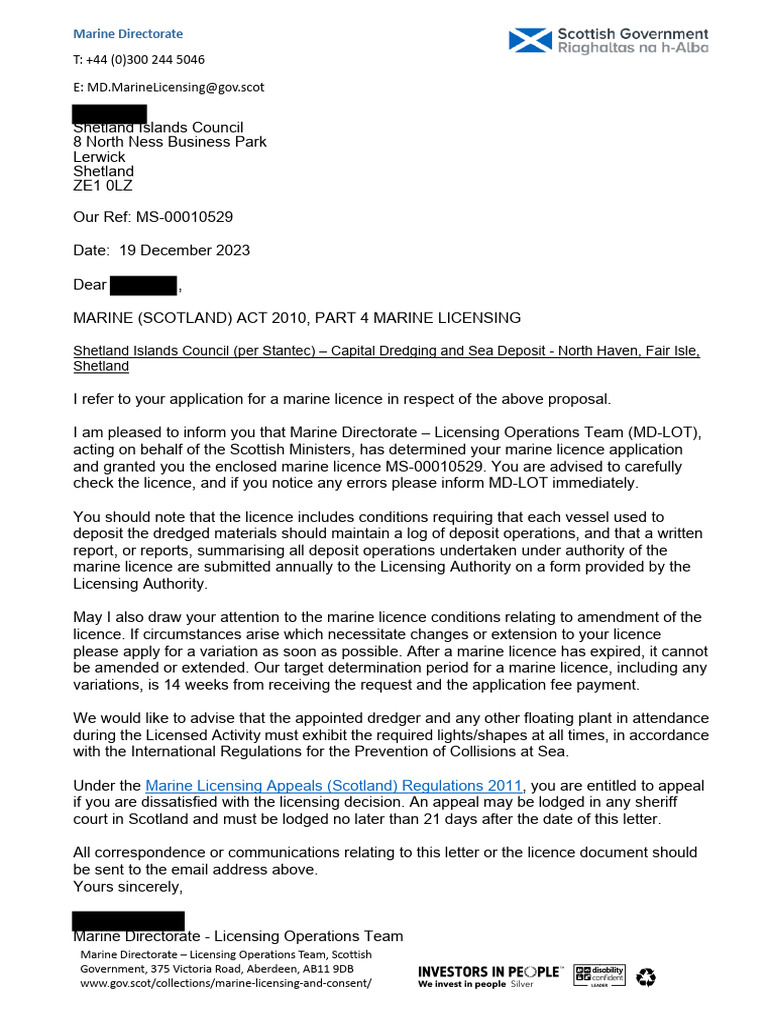 Marine Licence Cover Letter MS 00010529 Redacted | PDF | License | Scotland