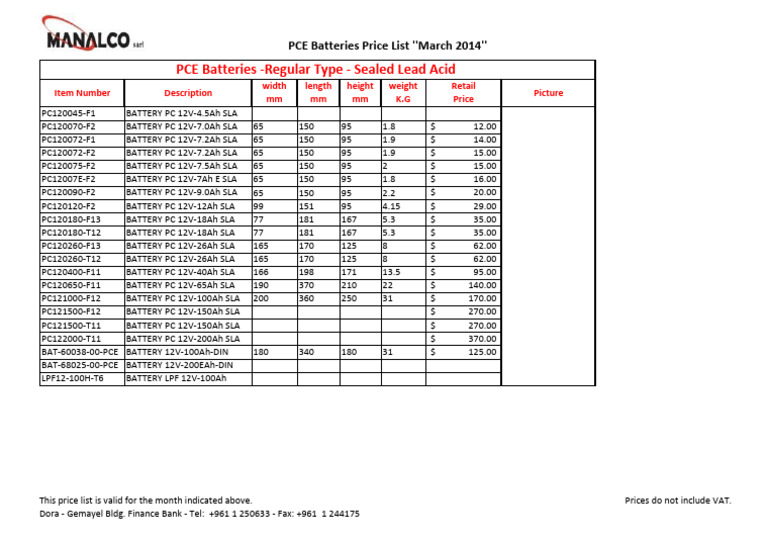 PCE Battery Price List March 2014 | PDF | Galvanic Cells | Energy Storage