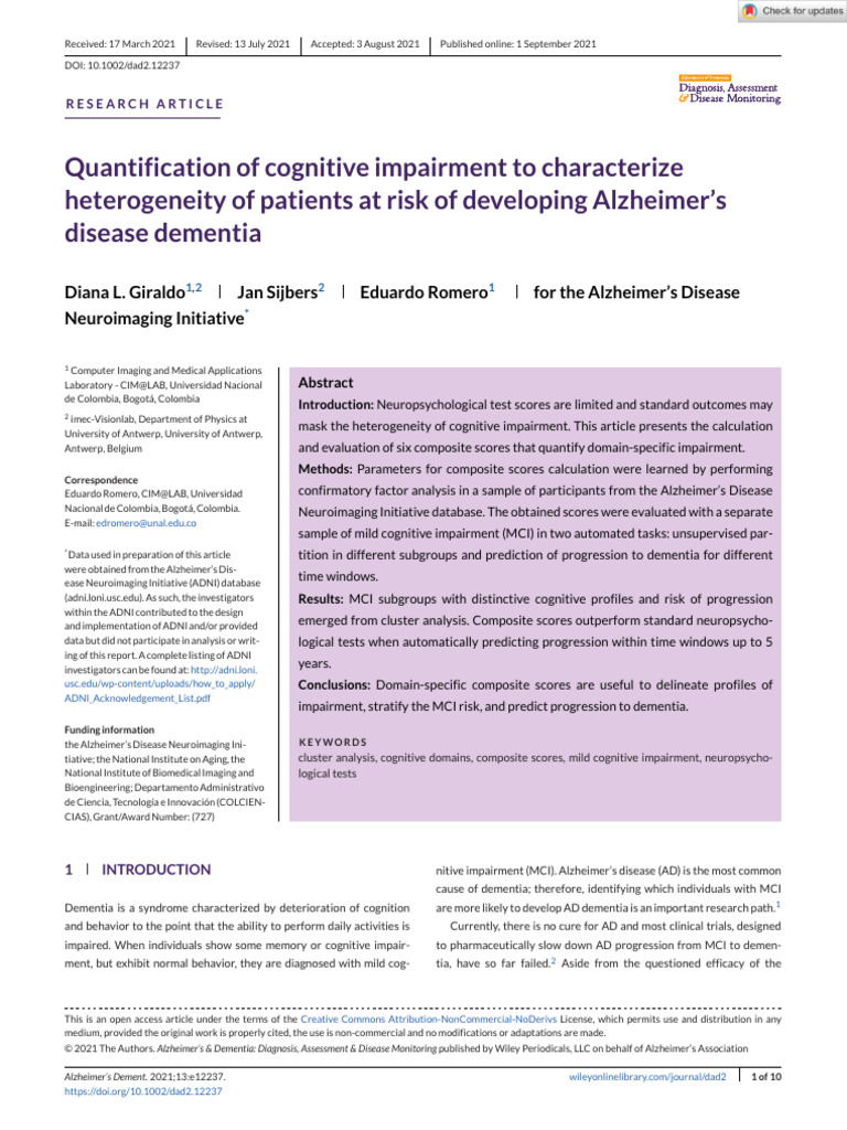 Alz Dem Diag Ass Dis Mo - 2021 - Giraldo - Quantification of Cognitive ...