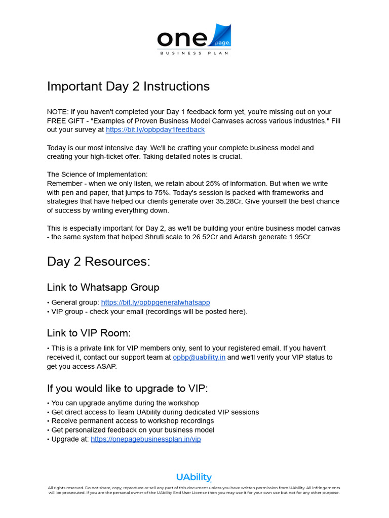 One Page Business Plan - Day 2 - Workbook | PDF | Marketing | Facebook