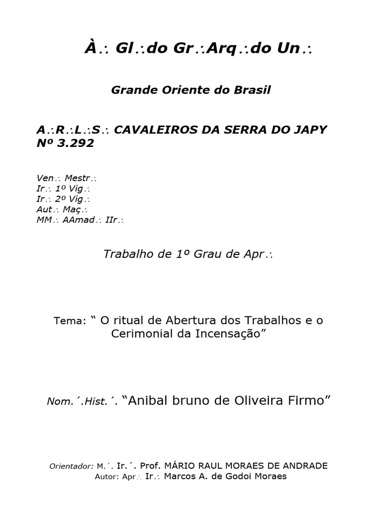 Ritual de Abertura e Incensação Maçônica | PDF | Loja Maçônica | Maçonaria