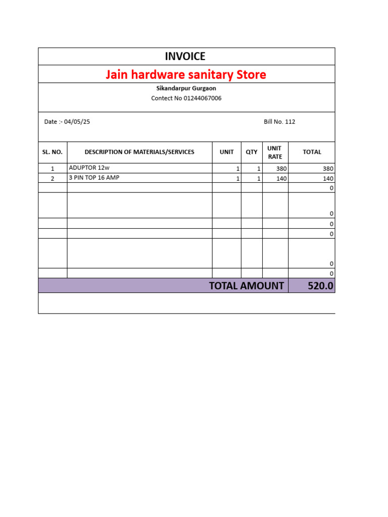 Invoice for Jain Hardware Sanitary Store | PDF