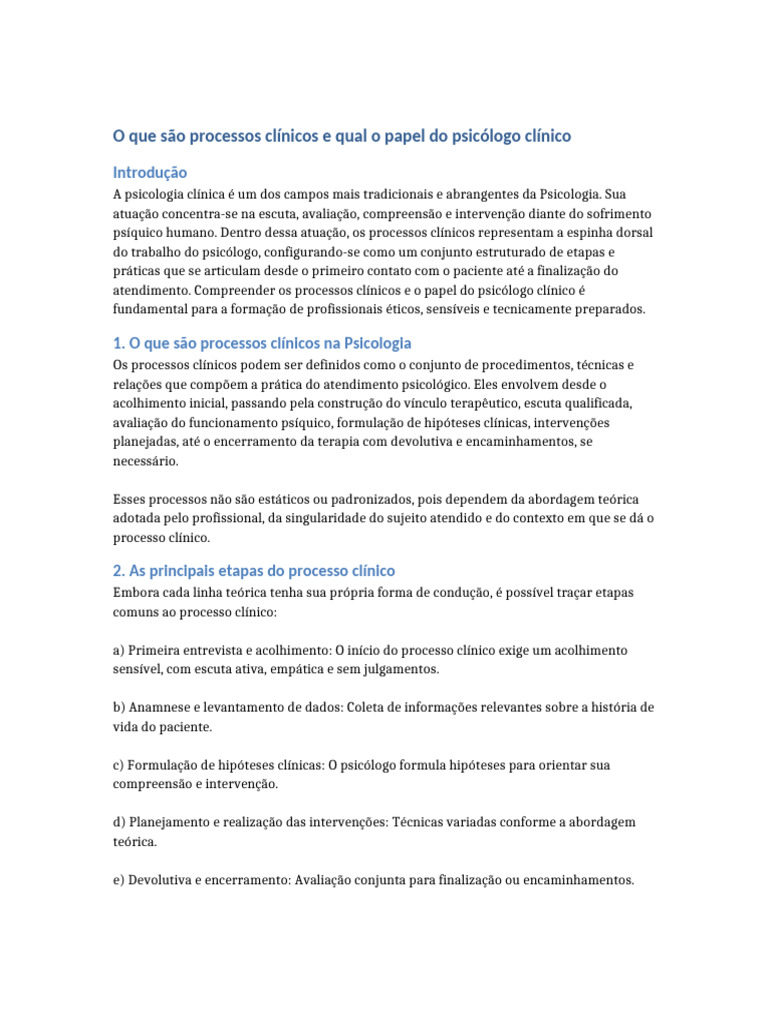 Processos Clínicos na Psicologia Clínica | PDF | Psicologia | Educação ...
