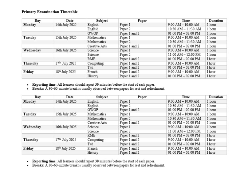 Primary Exam Timetable 2025 | PDF