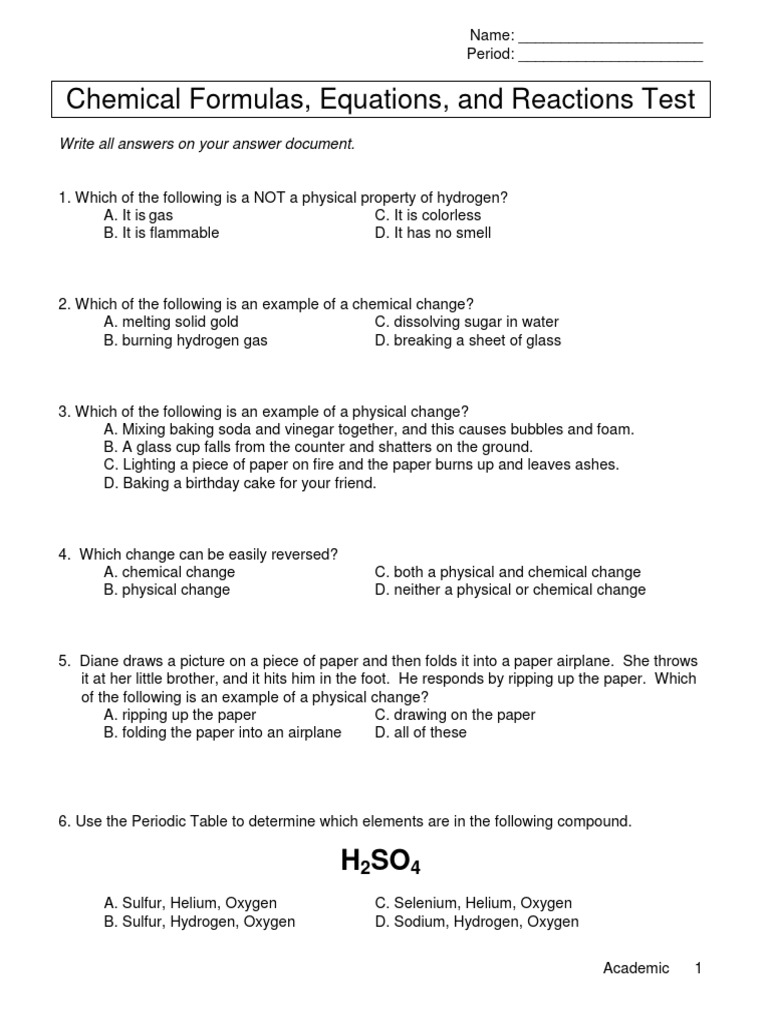Chemical Formula Test Academic | PDF | Chemical Reactions | Chemical ...