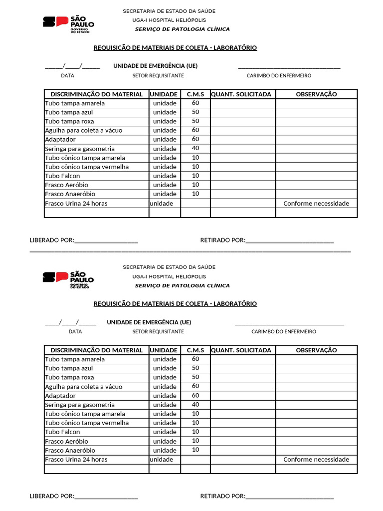 Requisição de Material de Coleta - Laboratório | PDF | Ciências da ...